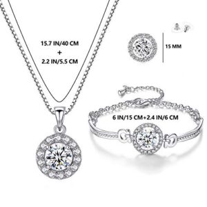 YooAi Jewellery Set Round Pendant Necklace Earrings and Bracelet Set Cubic Zirconia Jewellery for Women Round Silver