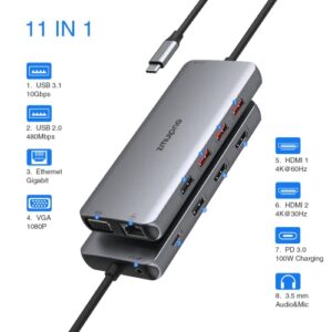 USB C Docking Station Dual Monitor HDMI for Dell HP, Laptop Hub Multiport Adapter Thunderbolt 3 Dongle USB-C to 2 HDMI,Ethernet,VGA,USB3.1,USB2.0,Audio for Surface, Lenovo