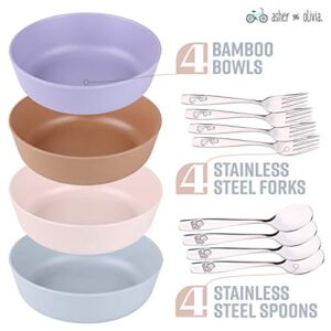 Bamboo Baby Bowl and Stainless Steel Silverware Set – (12-Piece) 4 Bamboo Bowls Kids, 4 Forks and 4 Spoons – Eco-Friendly BPA Free – Self Feeding Dishwasher Safe Baby Bamboo Bowl