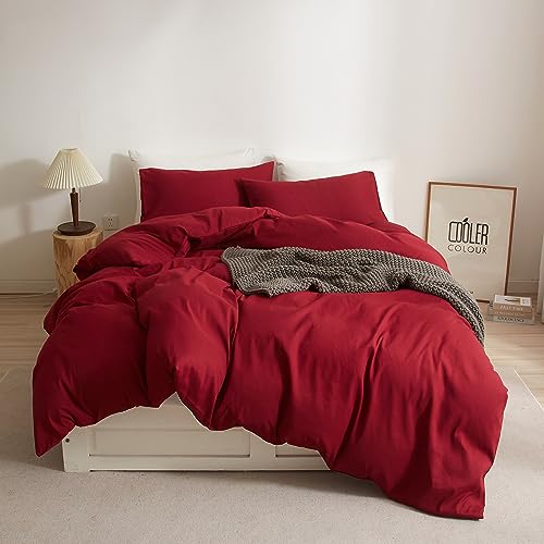 Mucalis Burgundy Duvet Cover Queen Washed Brushed Full/Queen 3pc Solid Modern Bedding Duvet Cover Set with Pillowcases Zipper Closure Corner Ties-No Comforter