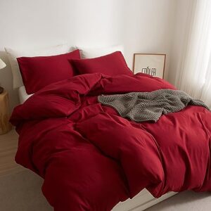 Mucalis Burgundy Duvet Cover Queen Washed Brushed Full/Queen 3pc Solid Modern Bedding Duvet Cover Set with Pillowcases Zipper Closure Corner Ties-No Comforter