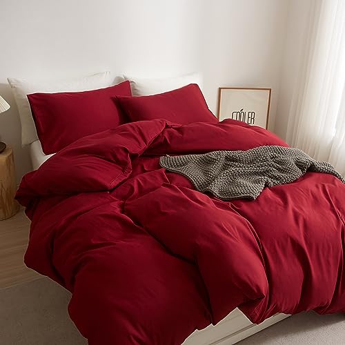 Mucalis Burgundy Duvet Cover Queen Washed Brushed Full/Queen 3pc Solid Modern Bedding Duvet Cover Set with Pillowcases Zipper Closure Corner Ties-No Comforter