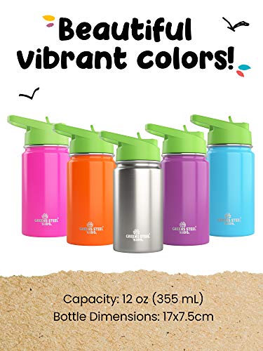 Kids Water Bottle - 12oz Blue | Leak Proof With Straw & Handle | 24 Hours Cold | Insulated, Double Wall Stainless Steel | Easy Sip Toddler Cup | Child's Flask | Eco Friendly