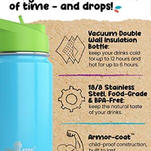 Kids Water Bottle - 12oz Blue | Leak Proof With Straw & Handle | 24 Hours Cold | Insulated, Double Wall Stainless Steel | Easy Sip Toddler Cup | Child's Flask | Eco Friendly