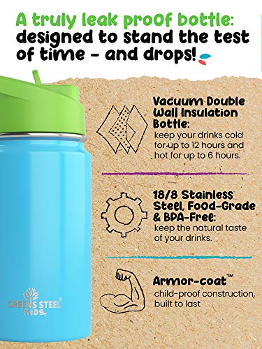 Kids Water Bottle - 12oz Blue | Leak Proof With Straw & Handle | 24 Hours Cold | Insulated, Double Wall Stainless Steel | Easy Sip Toddler Cup | Child's Flask | Eco Friendly