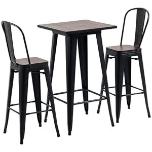 homcom 3 piece industrial dining table set, bar height bar table and chairs set with footrests for bistro, pub, black, and brown