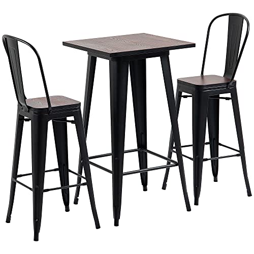 HOMCOM 3 Piece Industrial Dining Table Set, Bar Height Bar Table and Chairs Set with Footrests for Bistro, Pub, Black, and Brown