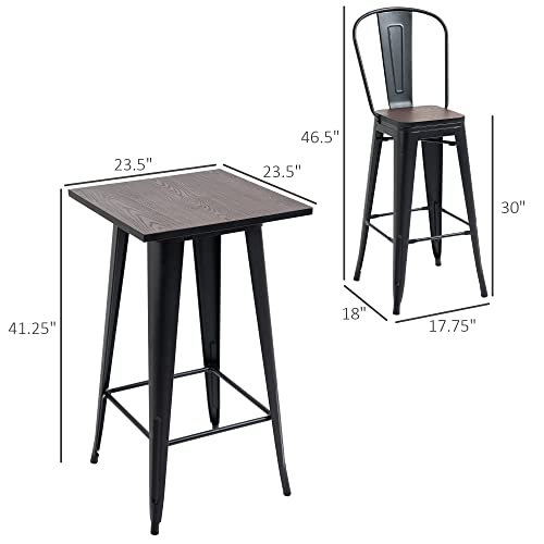 HOMCOM 3 Piece Industrial Dining Table Set, Bar Height Bar Table and Chairs Set with Footrests for Bistro, Pub, Black, and Brown