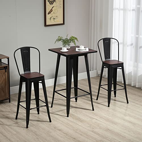 HOMCOM 3 Piece Industrial Dining Table Set, Bar Height Bar Table and Chairs Set with Footrests for Bistro, Pub, Black, and Brown