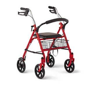 medline steel rollator walker with 8 inch wheels, folding rolling walker, adjustable arms, supports 300 lbs, red