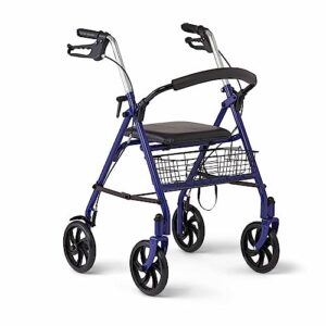 medline steel rollator with 8 inch wheels, folding rolling walker, adjustable arms, supports 300 lbs, blue