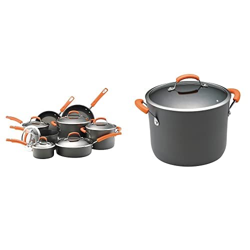 Rachael Ray Brights Hard-Anodized Nonstick Cookware Set with Glass Lids, 14-Piece Pot and Pan Set & Brights Hard Anodized Nonstick Stock Pot/Stockpot with Lid, 10 Quart, Gray with Orange Handles