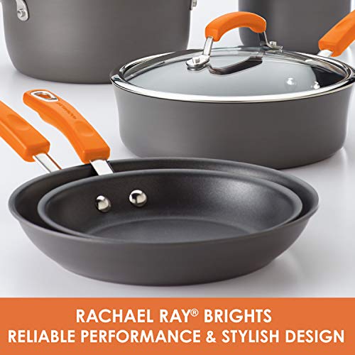 Rachael Ray Brights Hard-Anodized Nonstick Cookware Set with Glass Lids, 14-Piece Pot and Pan Set & Brights Hard Anodized Nonstick Stock Pot/Stockpot with Lid, 10 Quart, Gray with Orange Handles