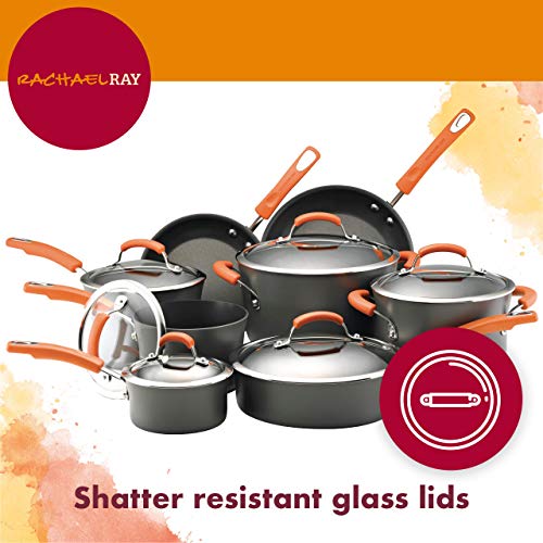 Rachael Ray Brights Hard-Anodized Nonstick Cookware Set with Glass Lids, 14-Piece Pot and Pan Set & Brights Hard Anodized Nonstick Stock Pot/Stockpot with Lid, 10 Quart, Gray with Orange Handles