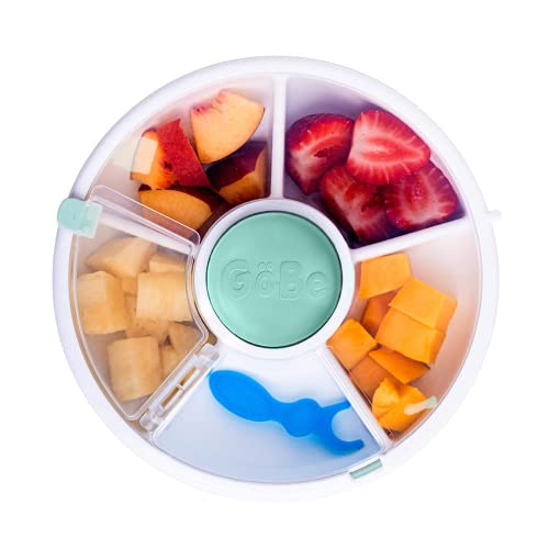 GoBe Kids Snack Spinner Bundle with Hand Strap and Sticker Sheet - Reusable Snack Container with 5 Compartment Dispenser and Lid | BPA and PVC Free | Dishwasher Safe | No Spill, Leakproof