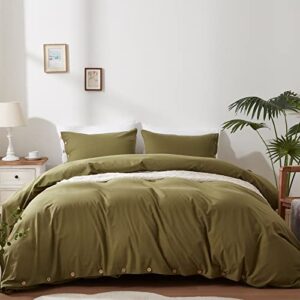 sunstyle home 100% washed cotton duvet cover set breathable soft twin olive green duvet cover 2 pieces solid color bedding set with buttons closure comforter cover set (1 duvet cover +1 sham)