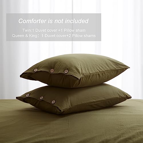 SunStyle Home 100% Washed Cotton Duvet Cover Set Breathable Soft Twin Olive Green Duvet Cover 2 Pieces Solid Color Bedding Set with Buttons Closure Comforter Cover Set (1 Duvet Cover +1 Sham)