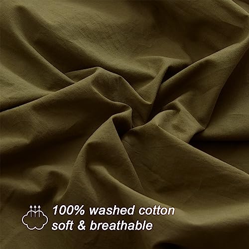 SunStyle Home 100% Washed Cotton Duvet Cover Set Breathable Soft Twin Olive Green Duvet Cover 2 Pieces Solid Color Bedding Set with Buttons Closure Comforter Cover Set (1 Duvet Cover +1 Sham)