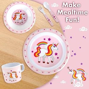 5 Pc Mealtime Baby Feeding Set for Kids and Toddlers - Includes Plate, Bowl, Cup, Fork and Spoon Utensil Flatware - Durable, Dishwasher Safe, BPA Free - Unicorn