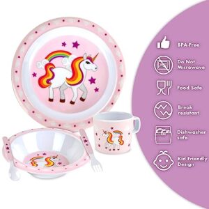 5 Pc Mealtime Baby Feeding Set for Kids and Toddlers - Includes Plate, Bowl, Cup, Fork and Spoon Utensil Flatware - Durable, Dishwasher Safe, BPA Free - Unicorn