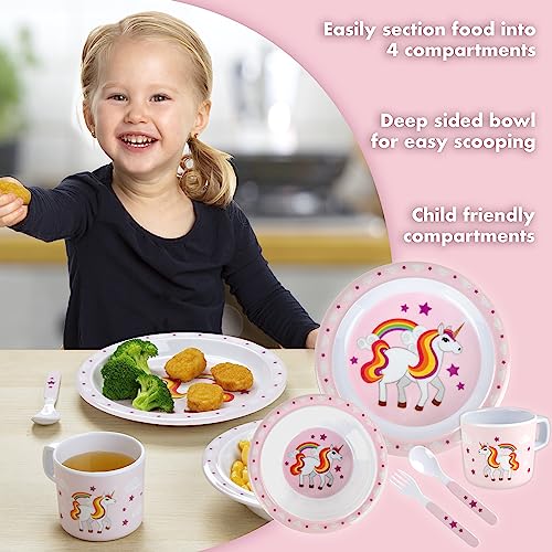 5 Pc Mealtime Baby Feeding Set for Kids and Toddlers - Includes Plate, Bowl, Cup, Fork and Spoon Utensil Flatware - Durable, Dishwasher Safe, BPA Free - Unicorn