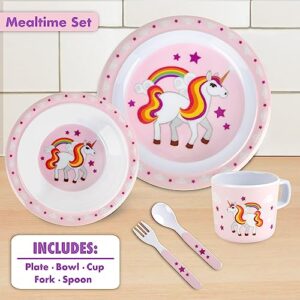 5 Pc Mealtime Baby Feeding Set for Kids and Toddlers - Includes Plate, Bowl, Cup, Fork and Spoon Utensil Flatware - Durable, Dishwasher Safe, BPA Free - Unicorn