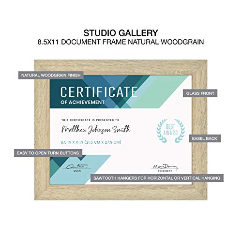 MCS Studio Gallery Document Frame, Certificate Frame Fits 8.5 x 11 Diplomas, Documents & Certificates, Natural Woodgrain, Single