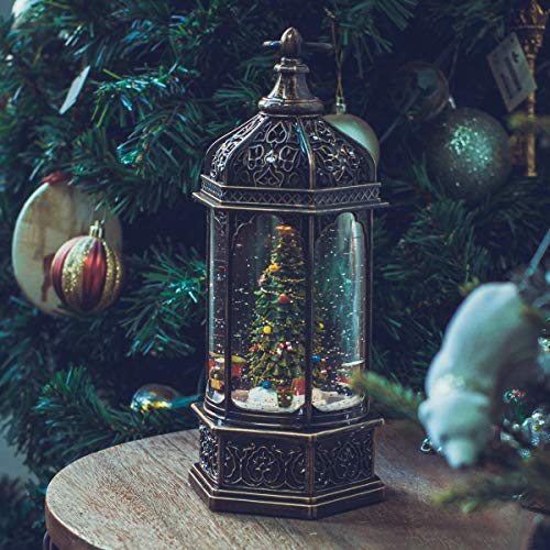 Christmas Snow Globe Lantern 11",USB & Battery Operated Lighted Swirling Glitter Water Lantern with Timer for Christma Home Decoration (Trees)