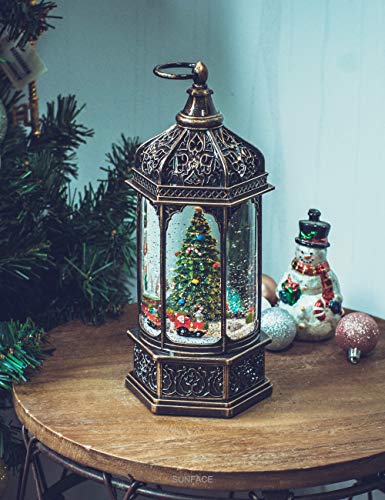 Christmas Snow Globe Lantern 11",USB & Battery Operated Lighted Swirling Glitter Water Lantern with Timer for Christma Home Decoration (Trees)