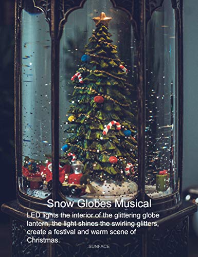 Christmas Snow Globe Lantern 11",USB & Battery Operated Lighted Swirling Glitter Water Lantern with Timer for Christma Home Decoration (Trees)