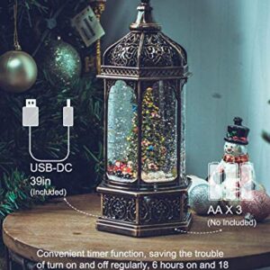 Christmas Snow Globe Lantern 11",USB & Battery Operated Lighted Swirling Glitter Water Lantern with Timer for Christma Home Decoration (Trees)