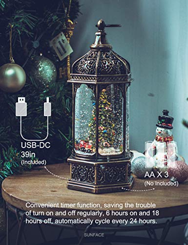 Christmas Snow Globe Lantern 11",USB & Battery Operated Lighted Swirling Glitter Water Lantern with Timer for Christma Home Decoration (Trees)