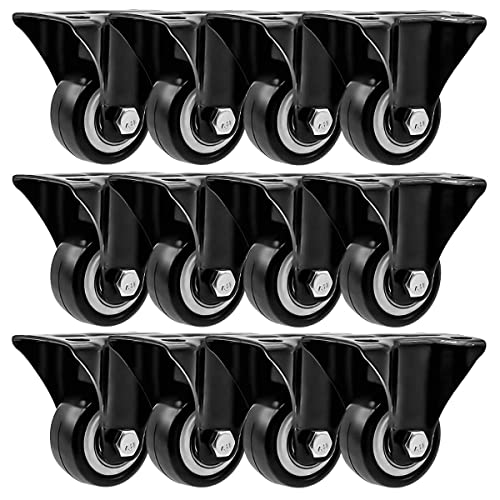 FactorDuty 12 Pack 1.5 inch Caster Wheels Rigid Fixed Stationery Non Swivel All Black Polyurethane Wheels Premium Non Marking No Noise 75lb Per Wheel