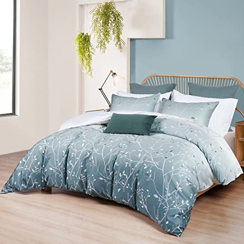 David's Home 100% Cotton Duvet Cover Set King Size, Natural Twigs Pattern Duvet Cover with Pillow Shams, 3pcs Ultra Soft and Breathable Comforter Cover Set, 106x90 Inches, Gradient Ombre Turquoise