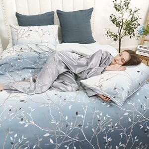 David's Home 100% Cotton Duvet Cover Set King Size, Natural Twigs Pattern Duvet Cover with Pillow Shams, 3pcs Ultra Soft and Breathable Comforter Cover Set, 106x90 Inches, Gradient Ombre Turquoise