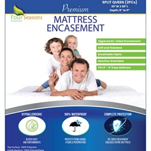 Split Queen Mattress/Box Spring Encasement 30" x 80" (2PCs) - Waterproof Zippered Protector Premium Quality Hypoallergenic Bed Cover Protects Against Dust - Breathable Smooth Fabric