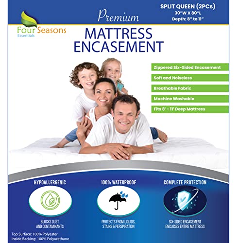 Split Queen Mattress/Box Spring Encasement 30" x 80" (2PCs) - Waterproof Zippered Protector Premium Quality Hypoallergenic Bed Cover Protects Against Dust - Breathable Smooth Fabric