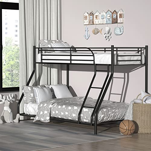 Olela Twin Over Full Metal Bunk Beds, Low Profile Bunk Beds Heavy Duty Steel Bed Frame with Safety Rail and Ladder for Boys Girls Adults Dormitory Bedroom,No Box Spring Needed (Black)