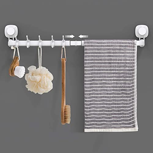 LUXEAR Suction Cup Towel Bar, 24 Inch Adjustable Shower Towel Rack, No Drill & Removable Hand Towel Holder with 5 Hooks, Wall Mounted Towel Bar for Shower Bathroom Kitchen Door - White