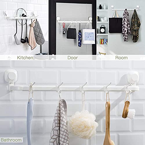 LUXEAR Suction Cup Towel Bar, 24 Inch Adjustable Shower Towel Rack, No Drill & Removable Hand Towel Holder with 5 Hooks, Wall Mounted Towel Bar for Shower Bathroom Kitchen Door - White