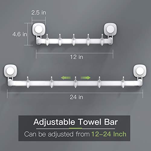 LUXEAR Suction Cup Towel Bar, 24 Inch Adjustable Shower Towel Rack, No Drill & Removable Hand Towel Holder with 5 Hooks, Wall Mounted Towel Bar for Shower Bathroom Kitchen Door - White