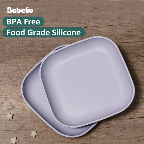 BABELIO Silicone Toddler Plates, 2 Pack Undivided Baby Self Feeding Utensils, BPA Free, Microwave, Oven and Dishwasher Safe, Soft and Durable Silicone Tray (Lilac Grey)