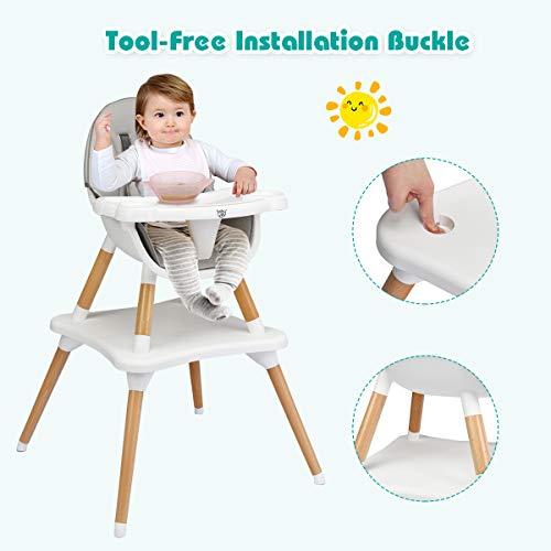 BABY JOY 5 in 1 High Chair, Convertible High Chairs for Babies and Toddlers/Booster Seat/Table and Chair Set, Infant Wooden Highchair w/ 5-Point Harness, 4-Position Removable Tray & PU Cushion, Gray