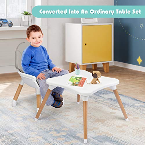 BABY JOY 5 in 1 High Chair, Convertible High Chairs for Babies and Toddlers/Booster Seat/Table and Chair Set, Infant Wooden Highchair w/ 5-Point Harness, 4-Position Removable Tray & PU Cushion, Gray