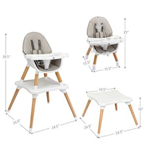 BABY JOY 5 in 1 High Chair, Convertible High Chairs for Babies and Toddlers/Booster Seat/Table and Chair Set, Infant Wooden Highchair w/ 5-Point Harness, 4-Position Removable Tray & PU Cushion, Gray