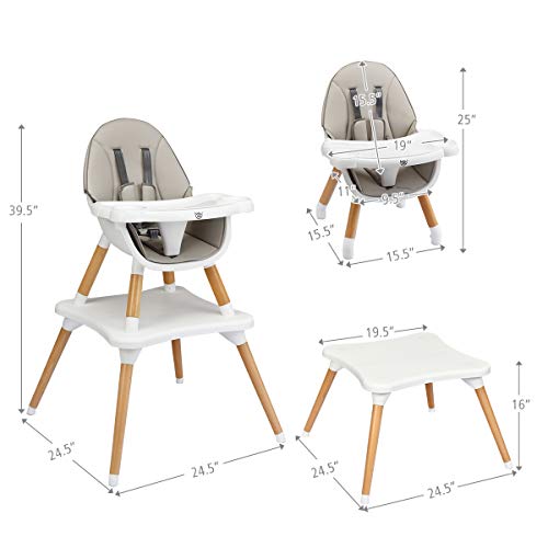 BABY JOY 5 in 1 High Chair, Convertible High Chairs for Babies and Toddlers/Booster Seat/Table and Chair Set, Infant Wooden Highchair w/ 5-Point Harness, 4-Position Removable Tray & PU Cushion, Gray