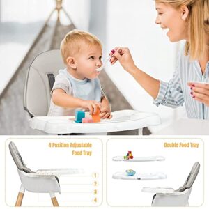 BABY JOY 5 in 1 High Chair, Convertible High Chairs for Babies and Toddlers/Booster Seat/Table and Chair Set, Infant Wooden Highchair w/ 5-Point Harness, 4-Position Removable Tray & PU Cushion, Gray