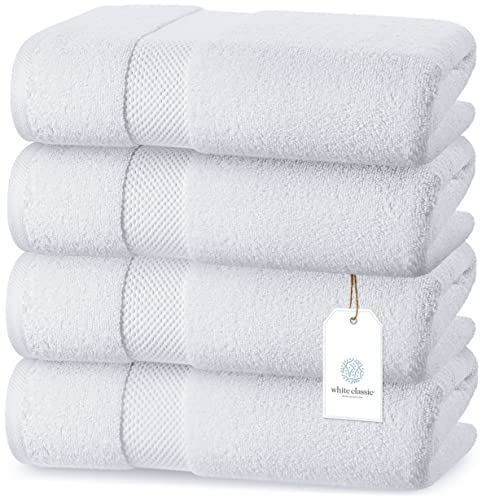 White Classic Luxury Bath Towels Large - Cotton Hotel spa Bathroom Towel |30x56 | 4 Pack | White