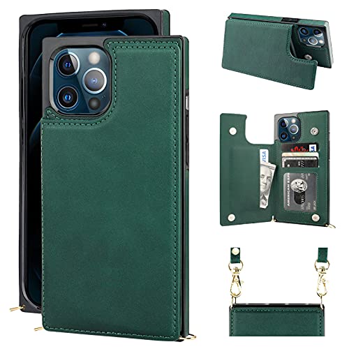 Bocasal Crossbody Wallet Case for iPhone 12 Pro Max Credit Card Holder PU Leather Kickstand Shockproof Detachable Cross Body Strap Lanyard Magnetic Closure 6.7 inch(Green)