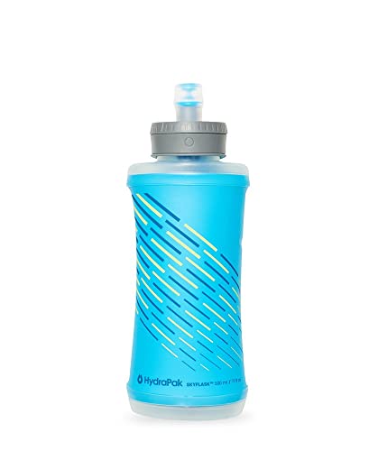 Hydrapak SkyFlask 500ml - Lightweight Collapsible Handheld Running Water Bottle Soft Flask - (500 ml/16 oz) - Adjustable Handstrap, Spill-Proof Cap, Malibu Blue